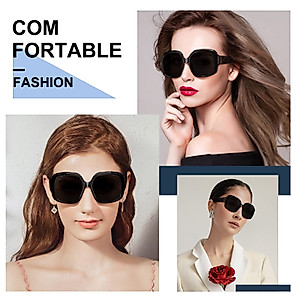 ViewJoy Oversized Sunglasses for Women Polarized 100% UV Protection Spring Hinges for Big Head Large Square Black Frame Classic Trendy Style