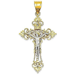 IceCarats 14K Two Tone Gold Large Lacy Edge Inri Lord Jesus Christ Crucifix Holy Cross Necklace Religious Pendant Charm 43mm x 22mm Only
