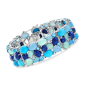 Ross-Simons 61.30 ct. t.w. White and Tonal Blue Multi-Gemstone Cluster Bracelet in Sterling Silver. 7.25 inches
