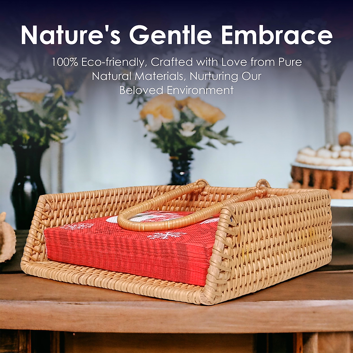 Rattan Napkin Holder, Handcrafted Flat Napkin Holder Basket, Napkin Holder For Kitchen Tables, Indoor And Outdoor, Picnic, Restaurants, Cafe, Home Decor, Napkin Size 7x7in (Elite Pattern)