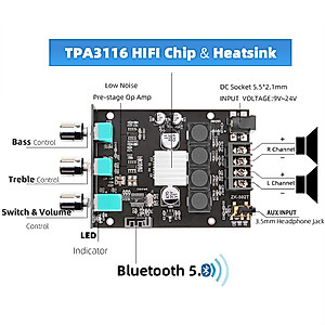DAMGOO ZK-502T Bluetooth Amplifier Board with Treble and Bass Control, TPA3116D2 50W x 2, DC:9-24V, Bluetooth 5.0 AMP Board for Home Passive Speakers