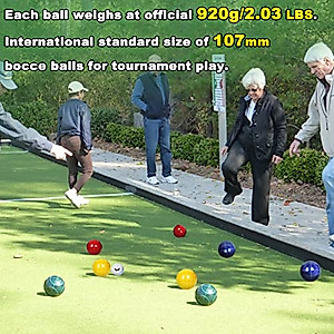 VSSAL 107mm Official Bocce Ball Set Regulation Size and Weight 920g/2.03LBS for Professional Tournament Competition, Backyard, Lawn, Beach Games with 8 Balls, Pallino, Carrying Bag, Measuring Rope