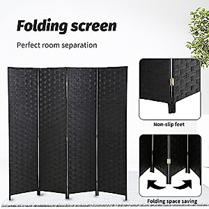 Room Divider 6FT 4 Panels Wall Divider Privacy Screen Wood Mesh Hand-Woven Design Room Screen Divider Indoor Folding Portable Partition Screen (Black)
