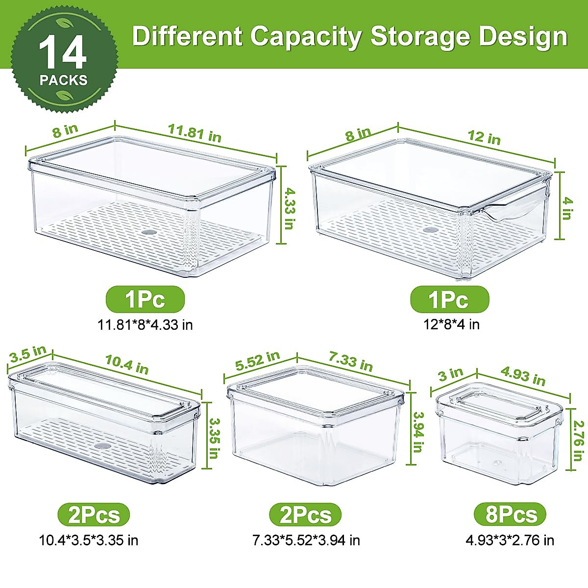 RIKOJUXI Set Of 14 Fridge Organizer, BPA Free Stackable Refrigerator Organizer Bins with Lids, Fridge Organizers and Storage Clear Refrigerator Storage Containers for Fruits, Vegetable, Food, Drinks