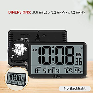 WallarGe Auto Set Digital Wall Clock Battery Operated, Desk Clocks with Temperature, Humidity and Date, Large Display Digital Calendar Alarm Clock for Elderly, Bedroom, Office, 8 Time Zone, Auto DST.