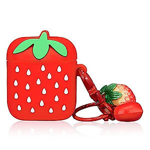 Oqplog for AirPod 2&1 Case, Protective Soft Silicone Funny Cute Fun Fashion Cover for Girls Kids Teens Air Pods, Cool Fruit Shockproof Design Skin Accessories Cases for Airpods 1/2 - Strawberry Chain