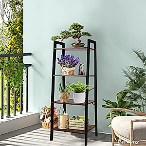 ECOMEX 4-Tier Ladder Shelf Industrial Bookshelf, Ladder Bookshelf Open Storage Rack Wood Ladder Shelf with Metal Frame, Freestanding Storage Shelves for Home Office, Bedroom (Rustic Brown)