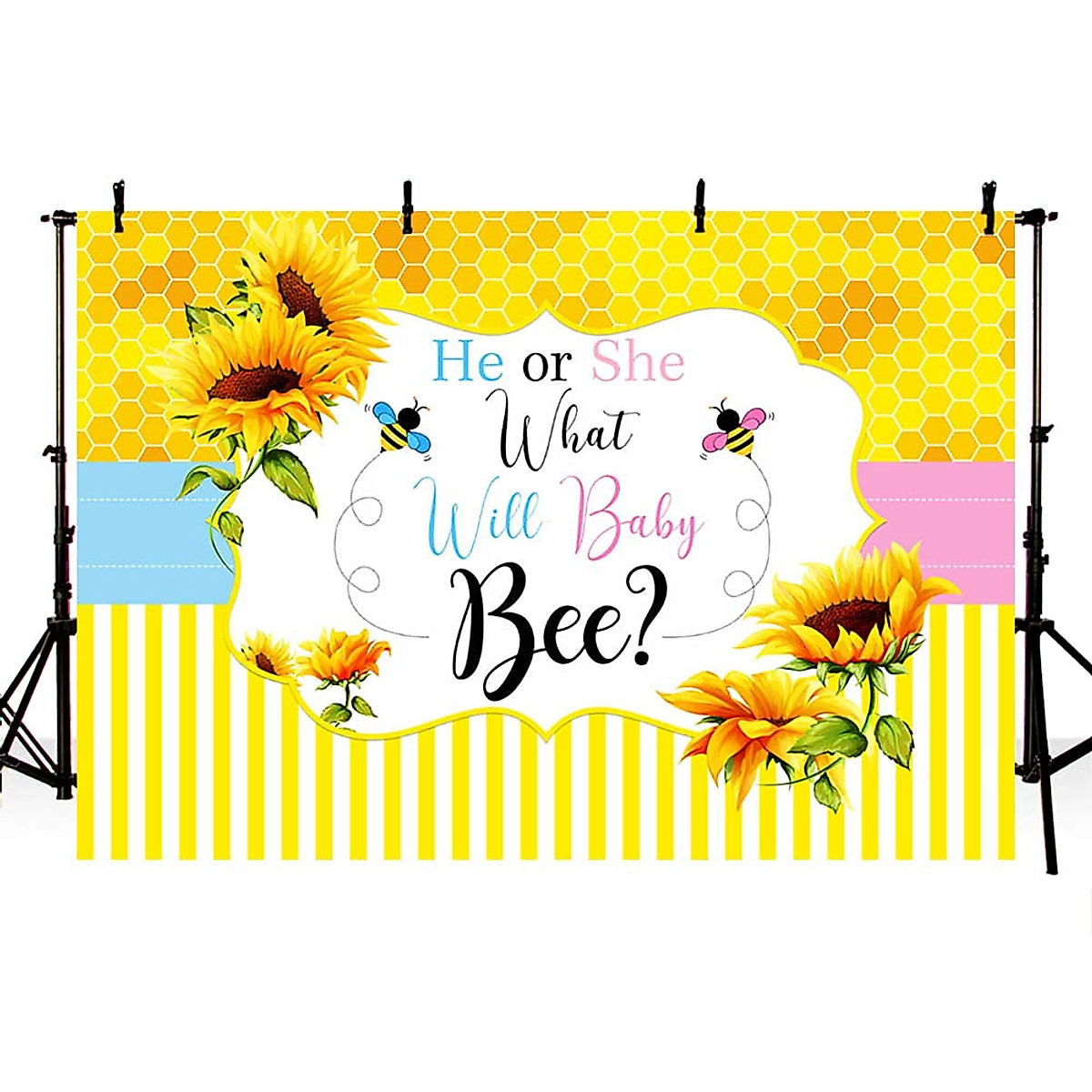 ABLIN 7x5ft Bee Baby Shower Backdrop He or She What Will Baby Bee Gold Sunflower Honey Photography Background Boy or Girl Gender Reveal Party Decorations Photo Shoot Props