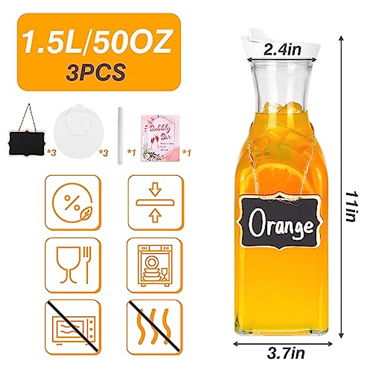 CUCUMI 3pcs 50oz Glass Carafe with Lids, 1.5 Liter Glass Water Pitcher Juice Containers Beverage Jugs for Mimosa Bar, Iced Tea, Cold Beverage, Milk