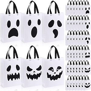Sanwuta 48 Pcs Halloween Tote Bags Gift Bags 14.9 x 11.8 Large Trick or Treat Bags Halloween Ghost Bags Reusable Halloween Non Woven Candy Bags Treat Goodies Bags for Halloween Party Supplies