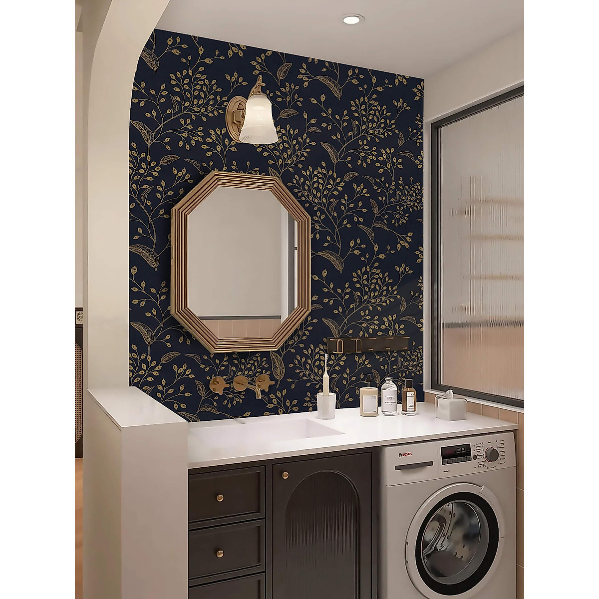 Heroad Peel and Stick Wallpaper Dark Blue Contact Paper Gold Floral Wall Paper Modern Boho Removable Contact Paper for Cabinets Drawers Bedroom Self Adhesive Vinyl Papel Tapiz para Pared 118" x 17.3"