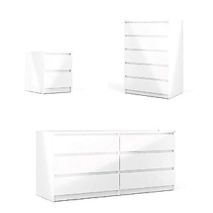 Home Square 3PC Set with 1 Nightstand 1 Chest and 1 Double Dresser in White Gloss