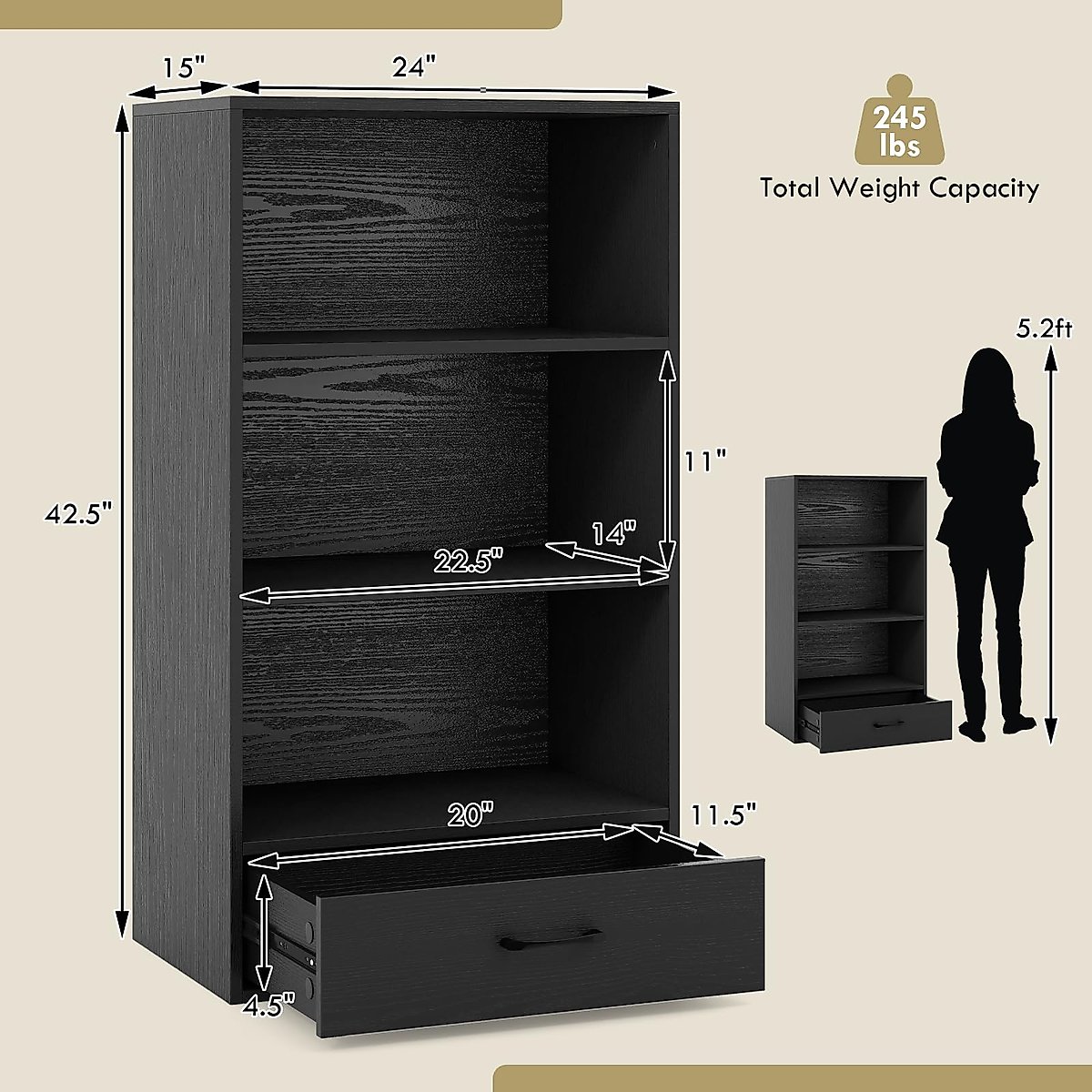 LOKO 4-Tier Bookcase with Storage Drawer, Modern Organizer Display Storage Shelves with Anti-toppling Device, Freestanding Bookshelf with 3 Open Shelves & 1 Drawer, Living Room, Study, Office (Black)