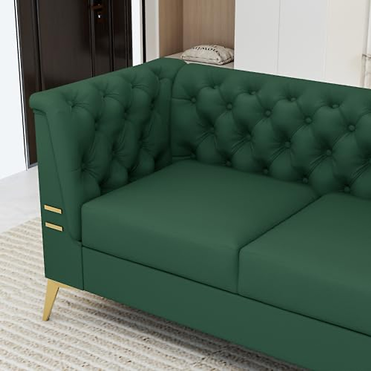 ERYE Mid-Century Modern PU Leather Button Upholstered Chesterfield 3 Seaters Sofa Couch, Golden Legs, Flared Padded Armrest,Removable Cushions Cover for Living Room,Bedroom,Office,Apartment