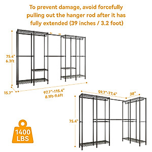 Higeego H5 Pro Heavy Duty Garment Rack, Freestanding Clothes Rack, Wardrobe Closet for Hanging Clothes, Portable Closet Organizer with Expandable Hanger Rods, (97.7-115.4")L x 15.7"W x 75.4"H, Black