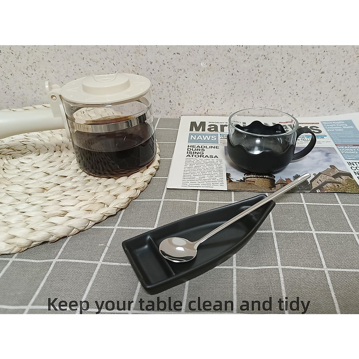 Coffee Spoon and Rest for Coffee Bar, Boat Small Spoon Rest for Coffee Station, Coffee Spoon Holder for Coffee Bar, Tea Spoon Rest Teaspoon Rest with Spoon (Matte Black + Round Spoon)