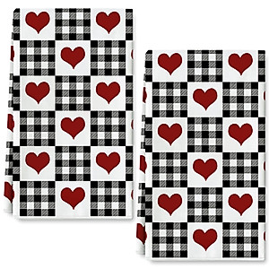 AnyDesign Valentine's Day Kitchen Towel 18 x 28 Buffalo Plaids Love Heart Dish Towel Romantic Sweet Hand Drying Towel Tea Towel for Wedding Anniversary Cooking Baking, Set of 2