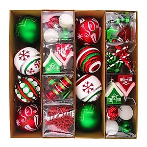Christmas Ball Ornaments Set, 60 ct Red Green White Assorted Xmas Elements Theme Ornaments, Shatterproof Decorative Hanging Ball Ornaments for Holidays Party Wedding Christmas Tree Decoration