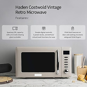 Haden Cotswold Vintage Retro 700 Watt Countertop Microwave Oven Kitchen Appliance with Turntable, Pull Handle, and 5 Power Levels, Putty