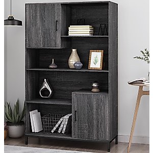 LUMIINOFAMI Book Case, 64.5'' Tall Bookshelf with 2 Storage Cabinets, 4 Tier Bookshelf with Storage, Cube Unit Bookcase with Doors Open Shelf Bookcase for Living Room Indoor Office(Dark Grey)