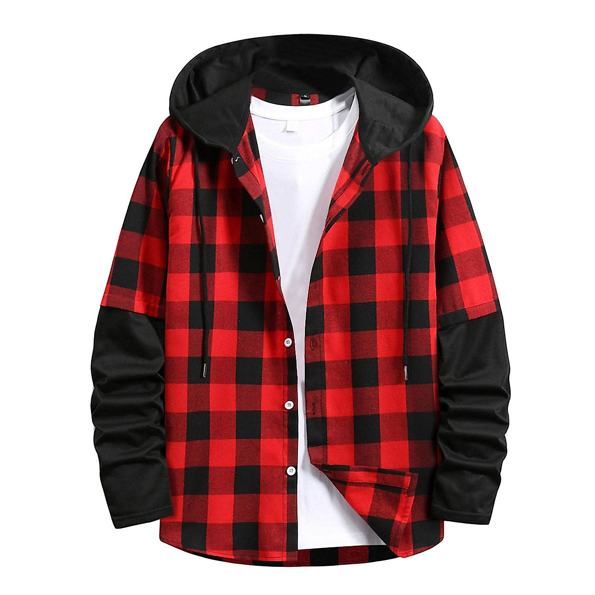 WUAI-Men Plaid Flannel Hoodie Jacket Long Sleeve Casual Button Up Quilted Buffalo Thermal Sweatshirt Fall Winter Outwear(Red,Small)