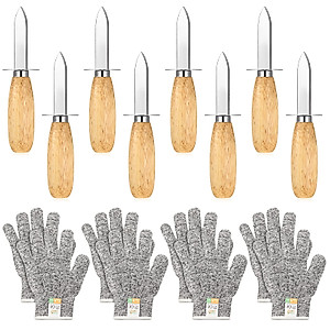 Tarpop 16 Pieces Oyster Shucking Set 8 Stainless Steel Oyster Shucking Knife and 8 Level 5 Protection Cut Resistant Gloves Oyster Opener Tool Seafood Opener Kit for Oyster Clam Pearl Shell Shucking