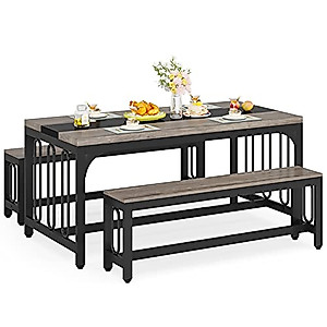 Tribesigns 55 Inch Dining Table Set for 4-6, 3-Piece Kitchen Table with 2 Benches, Space-Saving Dining Room Table Set for Home Kitchen, Restaurant, Grey
