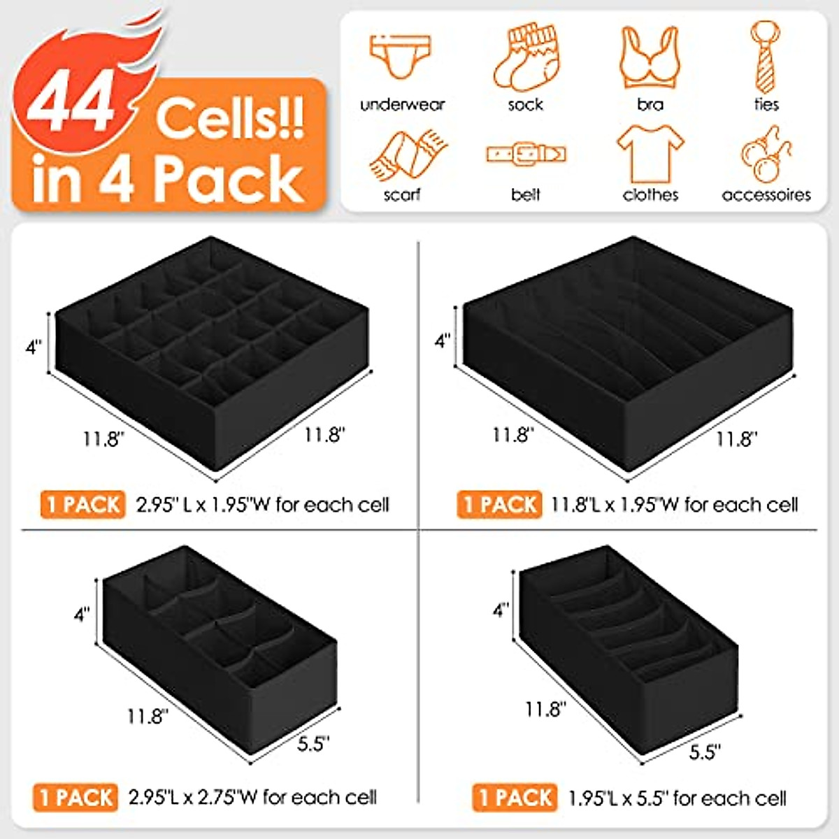 Criusia 4 Pack Sock Underwear Organizer Dividers, 44 Cell Drawer Organizers for Clothing, Foldable Closet Organizers and Storage for Bras, Socks, Underwear, Ties (Black)