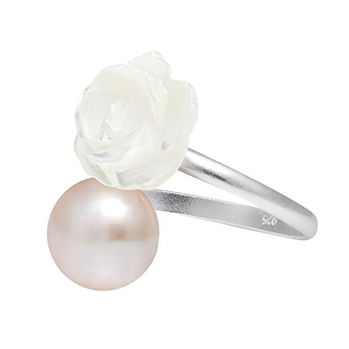 AeraVida Charming White Rose Wrap Cultured Freshwater Pink Pearl .925 Sterling Silver Ring | Cute Wedding Rings For Women | Gift for Daughter | Sterling Silver Rings (8)