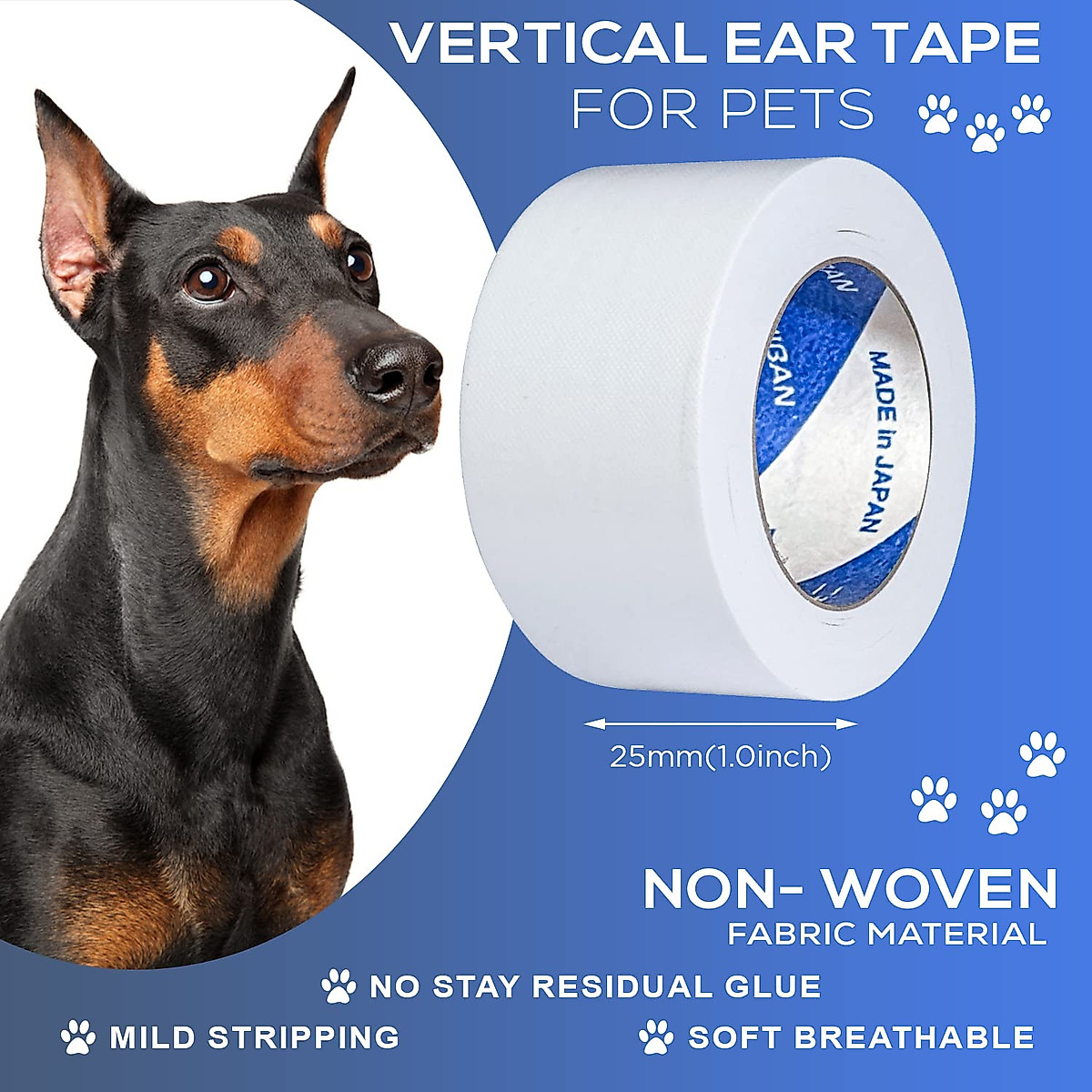 PETTIST Ear Tape for Dogs 2 Pack with Dog Ear Cleaner Cotton Swabs, Self Adhesive Cotton Tape for Dog Ear Protection and Support, Ear Care Set for Dogs (Tape Width_1 inch(25mm))