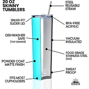 STRATA CUPS Multicolor Skinny Tumbler with Lid and Straw (4 Pack) - 20 Oz Double Wall Insulated Stainless Steel Slim Tumbler with Straw Cleaner, Reusable Metal Tumbler for Hot and Cold Drinks