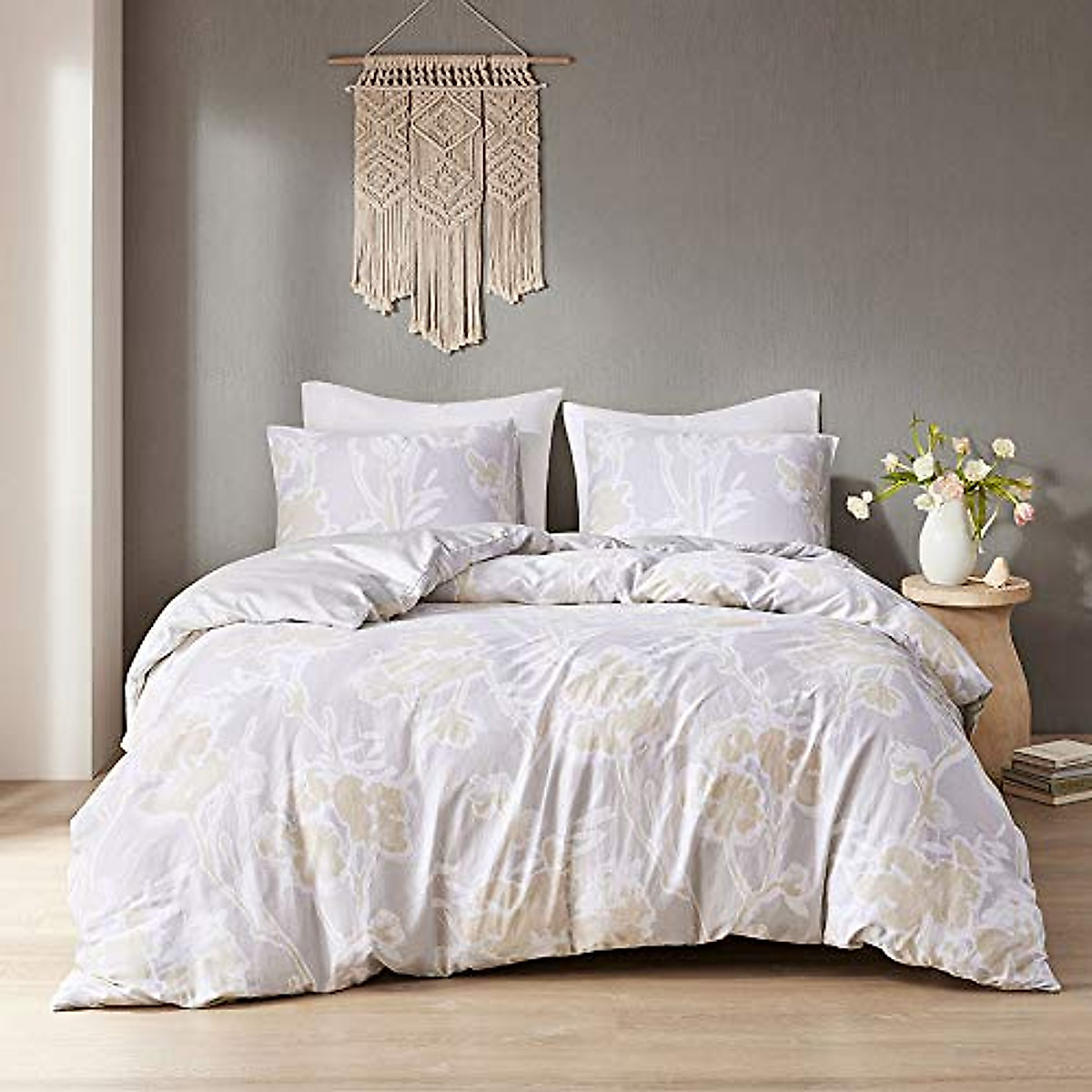 INTELLIGENT DESIGN Reversible 100% Cotton Sateen Duvet - Breathable Comforter Cover, Modern All Season Bedding Set with Sham (Insert Excluded), Tanet, Flower Grey King/Cal King(104"x90")