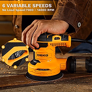 DEKOPRO Random Orbit Sander 2.5A with 16Pcs Sandpapers, 6 Variable Speed 14000RPM Electric Sander, 5 Inches Hand Sander Tool, High Performance Dust Collection System, Fit for Woodworking/Sanding