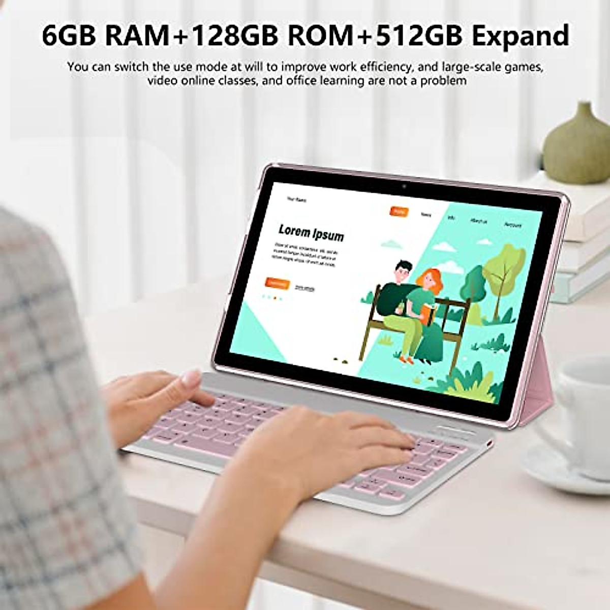 2 in 1 Tablet with Keyboard, 10 inch Android 11 Tablet, 6GB RAM+128GB ROM+1TB Expandable Tablet, 1.8GHz Quad-core Processor, 5G WiFi 6 BT 5.0 Tablets with Mouse| Case| Stylus, 1280*800 IPS Touchscreen