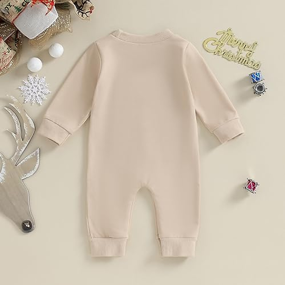 Infant Baby Boy Girl Christmas Outfit Santa Baby Embroidery Romper Long Sleeve Jumpsuit Bodysuit One Piece Outfit (A-Santa Baby Khaki, 3-6 Months)