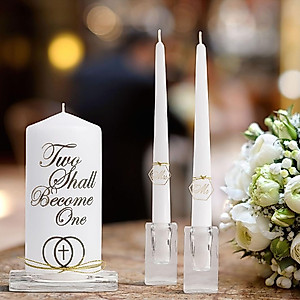 Wedding Unity Candle Set for Ceremonies - Unity Decorative Wedding Candle Centerpiece Sets Catholic White with Gold Decorations Unity Candle Set for Weddings 6" Pillar and 2 10" - Velas Matrimoniales