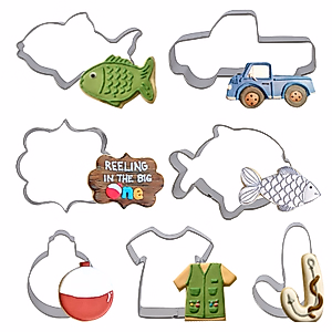 Gone Fishing Cookie Cutter Set with Stainless Steel Sports Jersey, Fish, Candy Cane, Fishing Bobber for Fisherman Fishing Themed Party Supplies