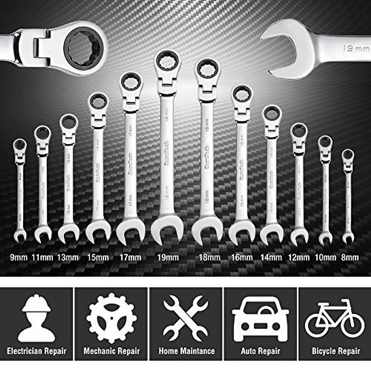 DURATECH Flex-Head Ratcheting Wrench Set, Combination Wrench Set, 72 Tooth, Metric, 12-piece, Size Covers 8-19mm, CR-V Steel, with Rolling Pouch