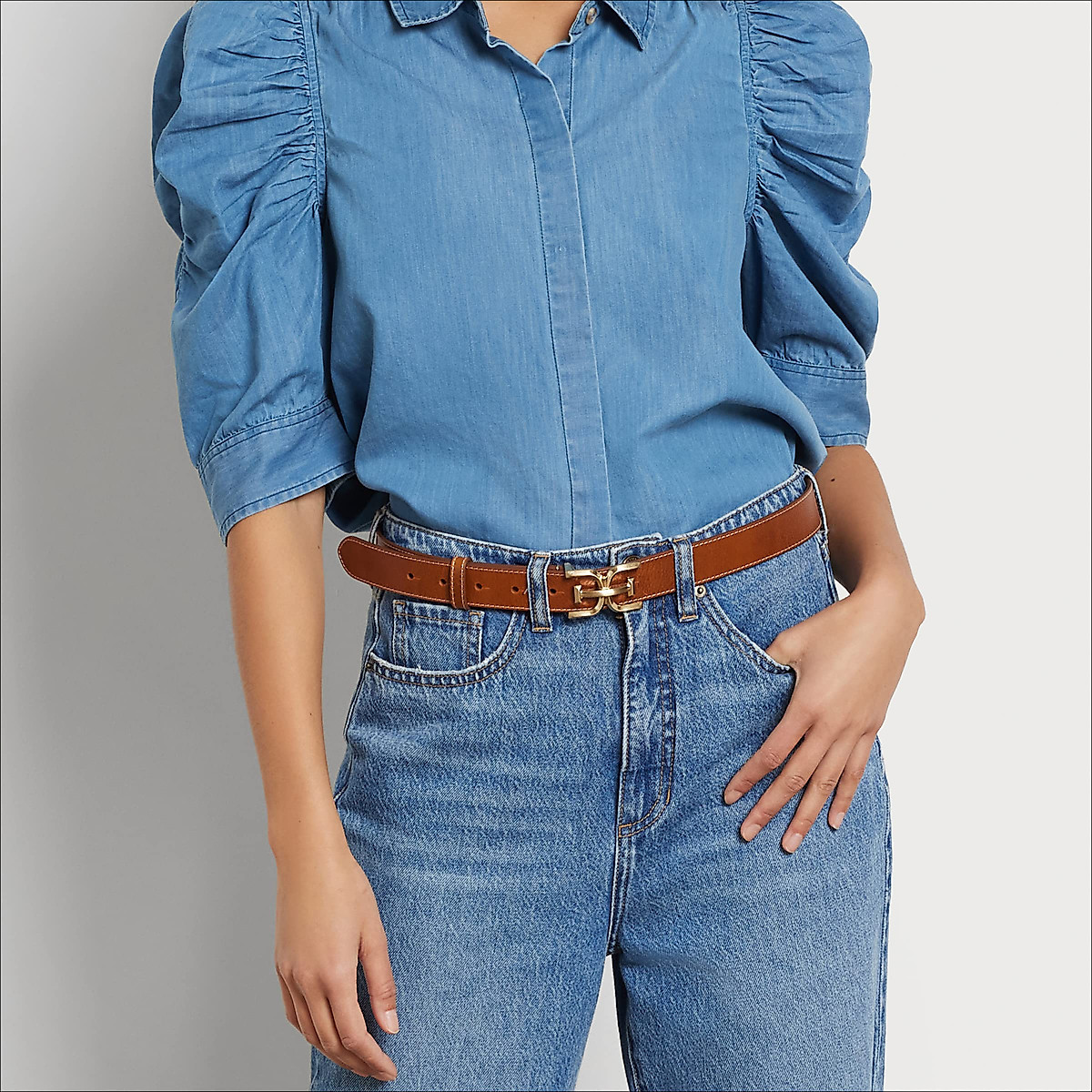 Sam Edelman Women's Slim Stitched Edge Double-E Plaque Buckle Belt, Saddle, Medium