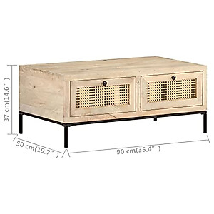 QJBSAVVA Coffee Table 35.4"x19.7"x14.6" Solid Mango Wood and Natural Cane,Entrance Table Tray Tables Center Table Low Table Suitable for Meeting Rooms, Reception Rooms, Offices