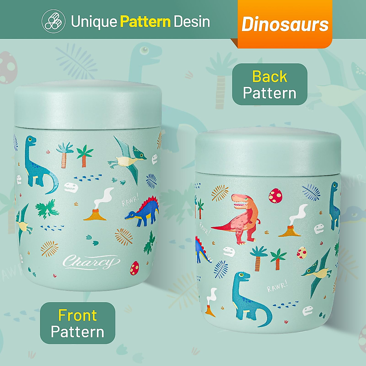 Charcy 9oz Stainless Steel Vacuum Insulated Kids Food Jar - Soup Thermo for Hot & Cold Food - Turquoise Dinosaur