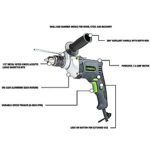 Genesis GHD1275 7.5-Amp 1/2-In. Variable-Speed Reversible Hammer Drill with Depth Gauge, Auxiliary Handle, Chuck Key and 2 Year Warranty