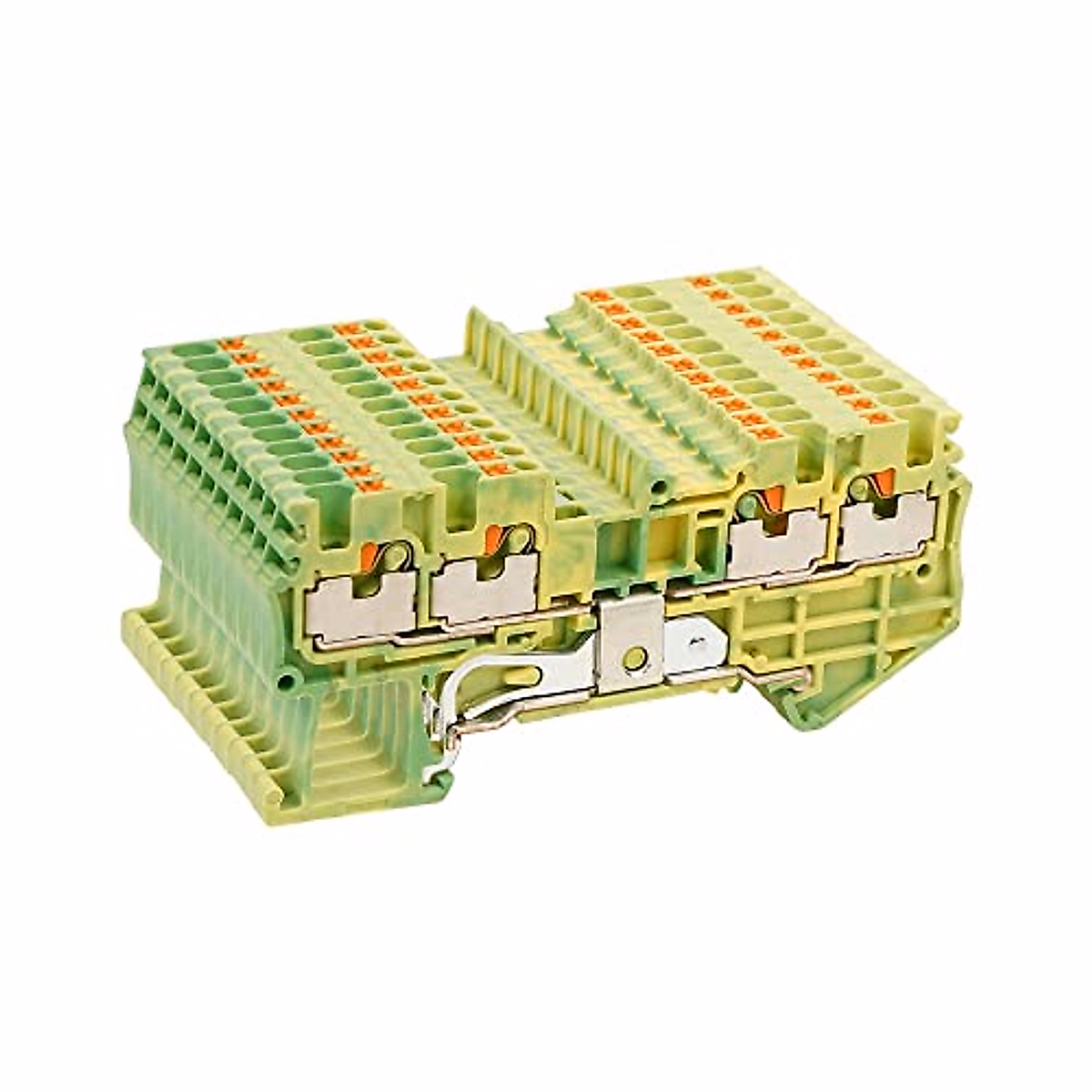 Dinkle Din Rail Ground Terminal Blocks 10pcs DP1.5-TR-PE, 300V, 26-14AWG, 4 Connection, Push-in Connector, Green Yellow, Single Level, Push-in Terminal Block, Grounding Terminal Block, Rail mounting