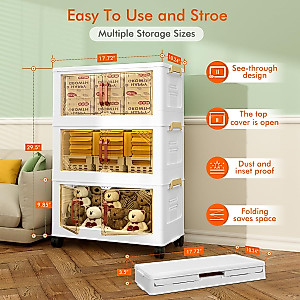 3 Tier Stackable Storage Bins with Lids and Wheels, 88 Qt Organizers and Storage, Collapsible Storage Containers, Organization and Storage Boxes for Living room, Bedroom, Office