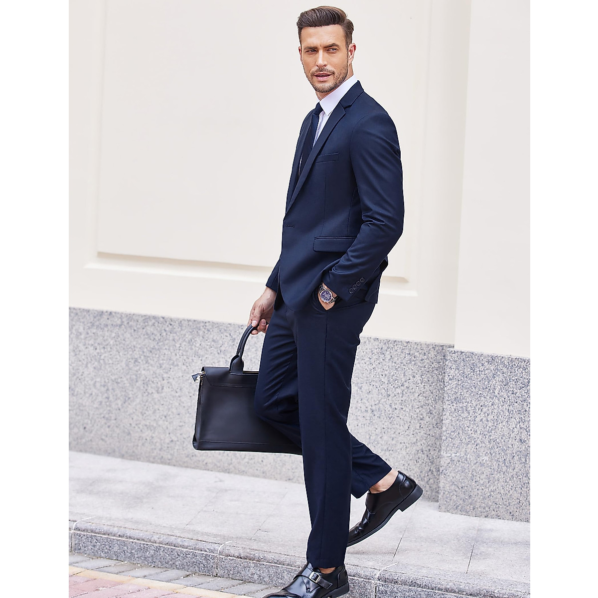 COOFANDY Men 2 Piece Suit Jacket Dress Business Blazer Tuxedo Wedding Suit Pant Navy Blue
