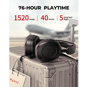 havit H655BT Hybrid Active Noise Cancelling Headphones for Airplane Travel, Wireless Over Ear Bluetooth Headphones, 76H Playtime, Hi-Res Audio, Super Bass via App, 5 Mic for Noise Cancelling