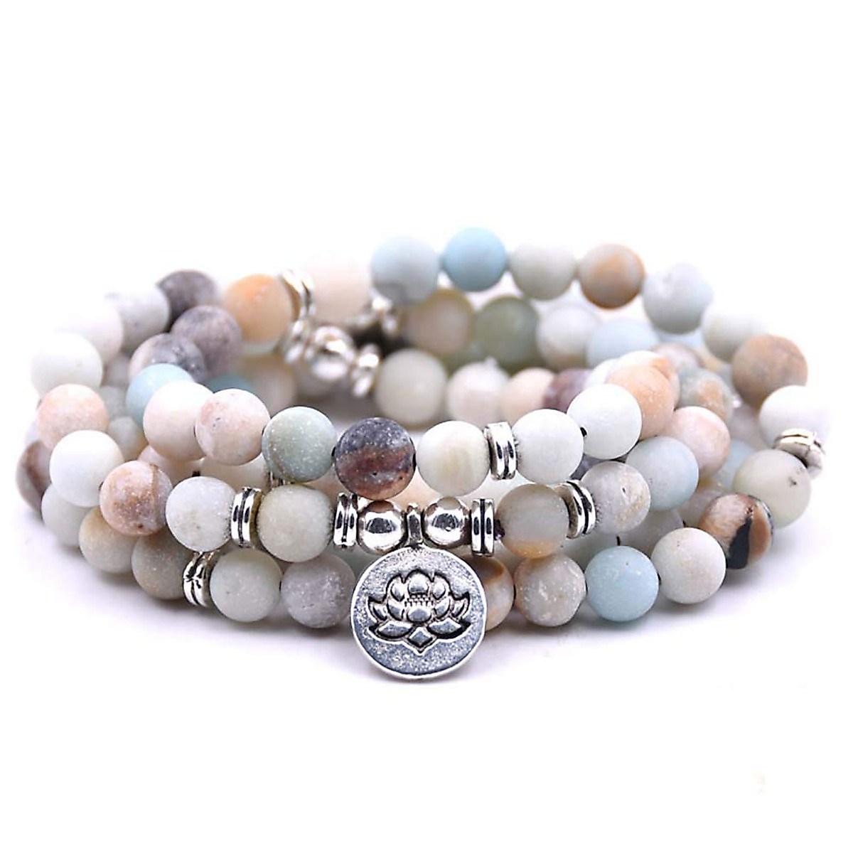 108 Natural Beads Mala Yoga Bracelet with Lotus Charm (Amzonite)