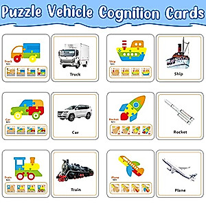 Wooden Vehicle Puzzles Toy Gift for 1, 2, 3 Years Old Boys Girls, Toddler Best Birthday Gift with 6 Vehicle Baby Montessori Color Shapes Learning Puzzles - Kids Educational Developmental Toys