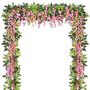 Artflower 4 Pcs Artificial Flowers Wisteria Garland Silk Wisteria Vine Rattan Hanging Flower Greenery Garland with Ivy Leaves for Home Garden Outdoor Wedding Arch Floral Decor, 6.6 Feet (Pink)