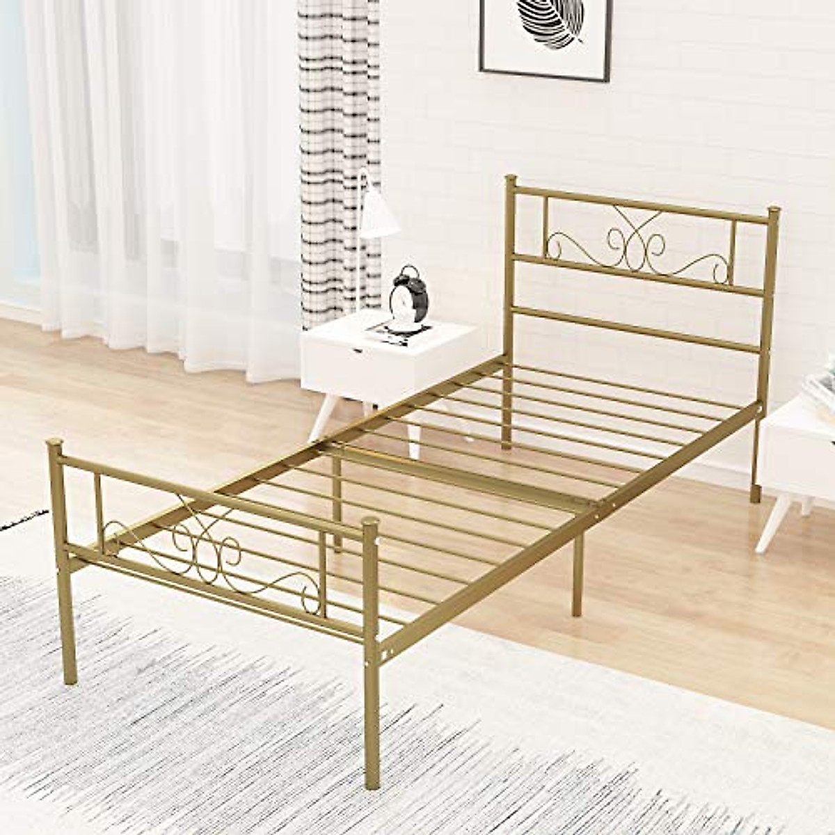 SimLife Twin Bed Frame with Headboard and Footboard Metal Platform Bed Frame Under Bed Storage Mattress Foundation No Box Spring Need Gold